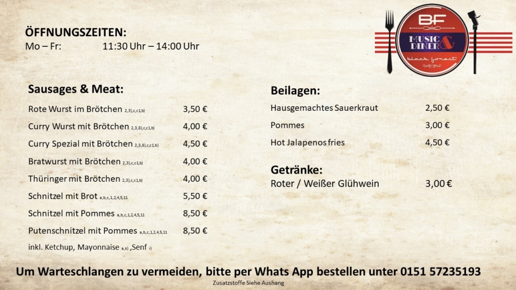 Imbiss Speisekarte - BF MUSIC DINER